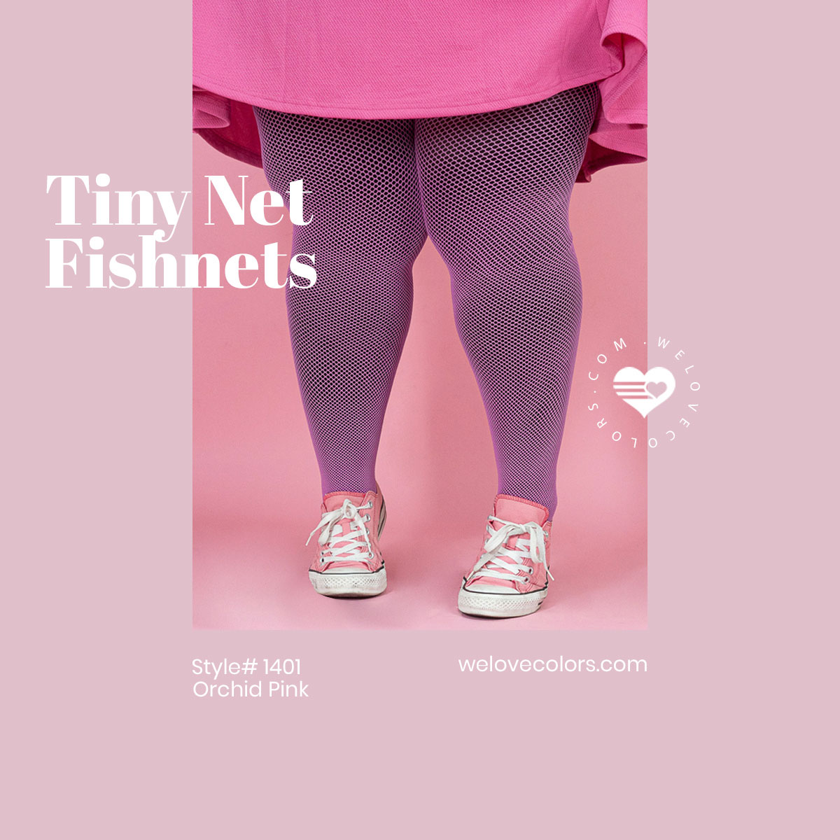 Plus size woman wearing pink fishnets and converse shoes